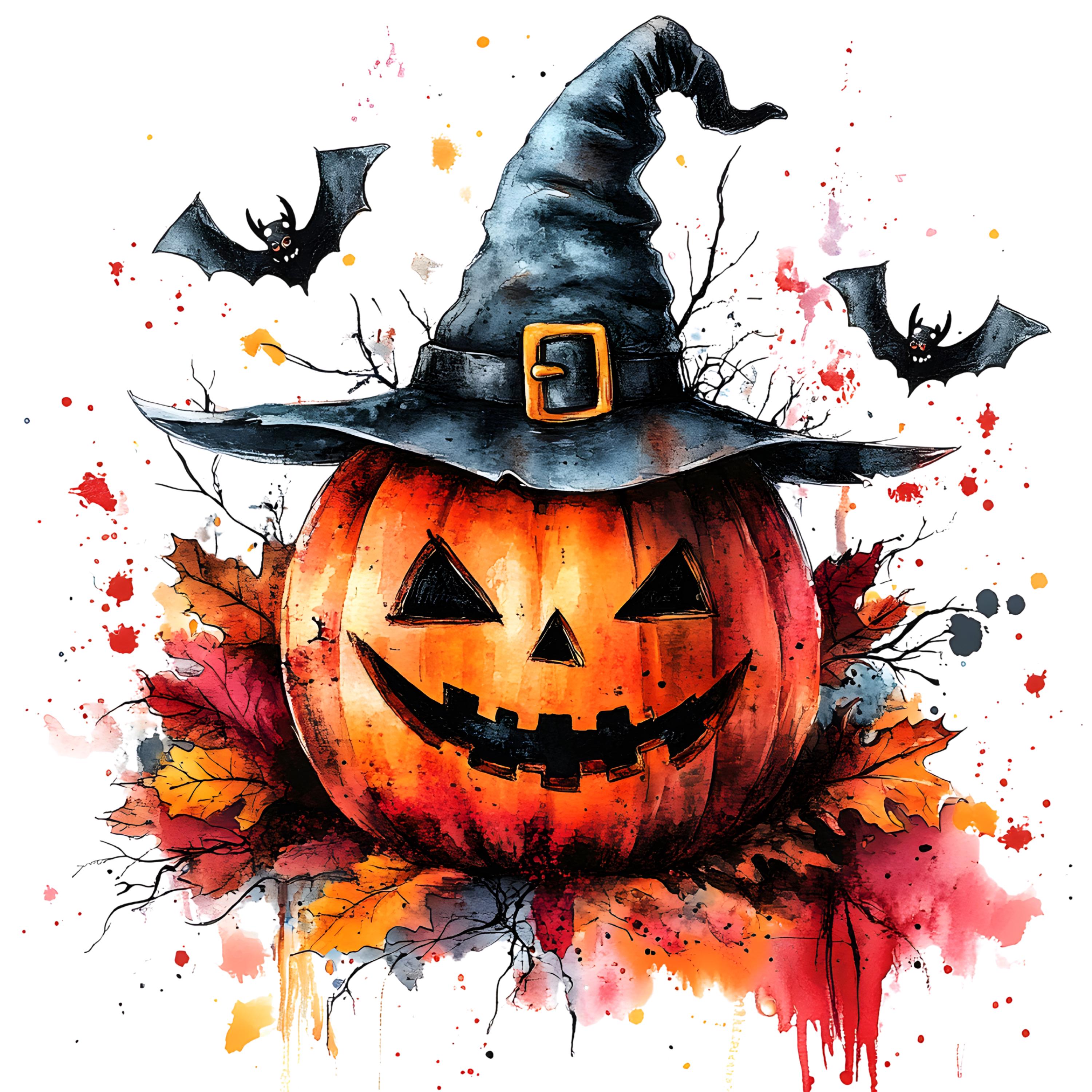 Watercolor Halloween Pumpkin Clipart Set: Witch Hat, Bats, Autumn ...