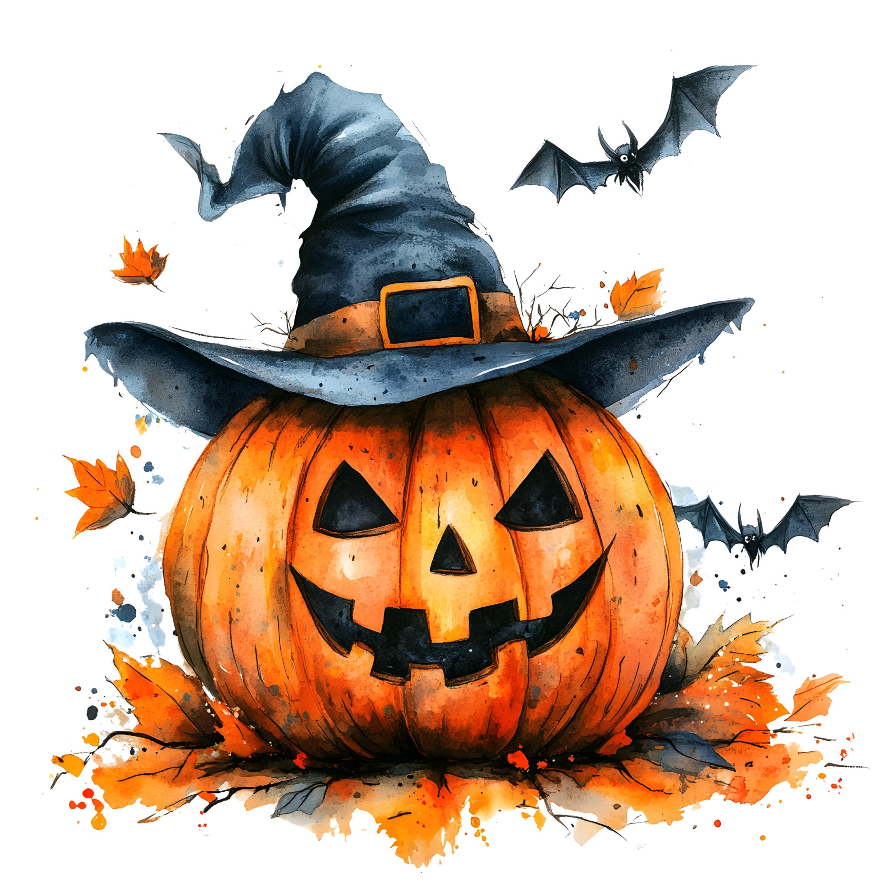 Watercolor Halloween Pumpkin Clipart Set: Witch Hat, Bats, Autumn ...
