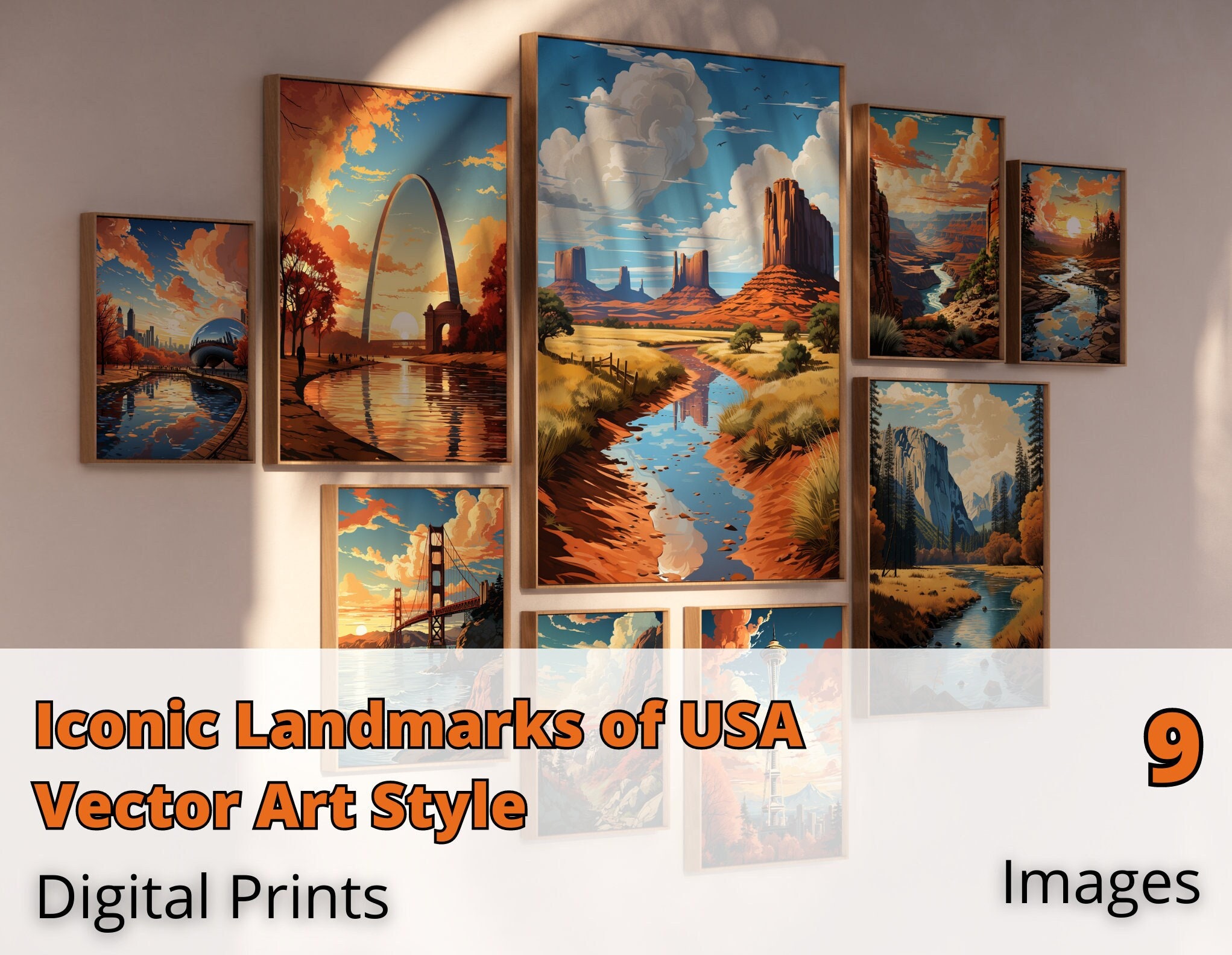 Iconic Landmarks of USA: 9 Vector Art Posters Set Digital - Etsy