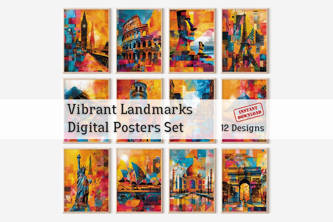 Vibrant Landmarks Art: Mixed Media Digital Posters of World Wonders ...