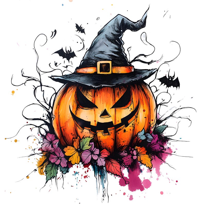 Watercolor Halloween Pumpkin Clipart Set: Witch Hat, Bats, Autumn ...