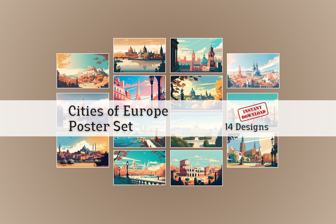 Cities of Europe - 14 Vector Art Style Panorama Posters - Digital ...
