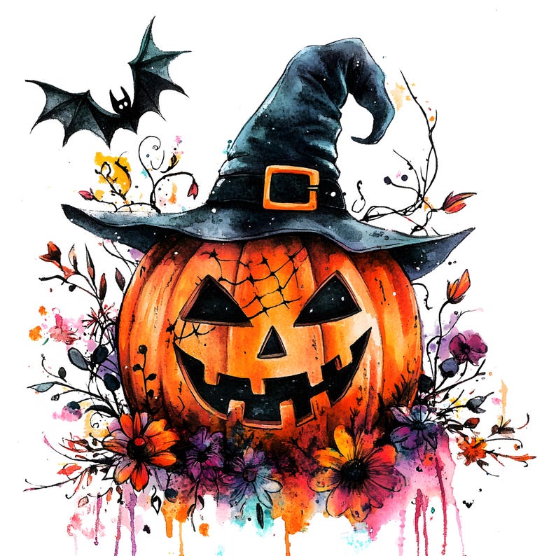 Watercolor Halloween Pumpkin Clipart Set: Witch Hat, Bats, Autumn ...