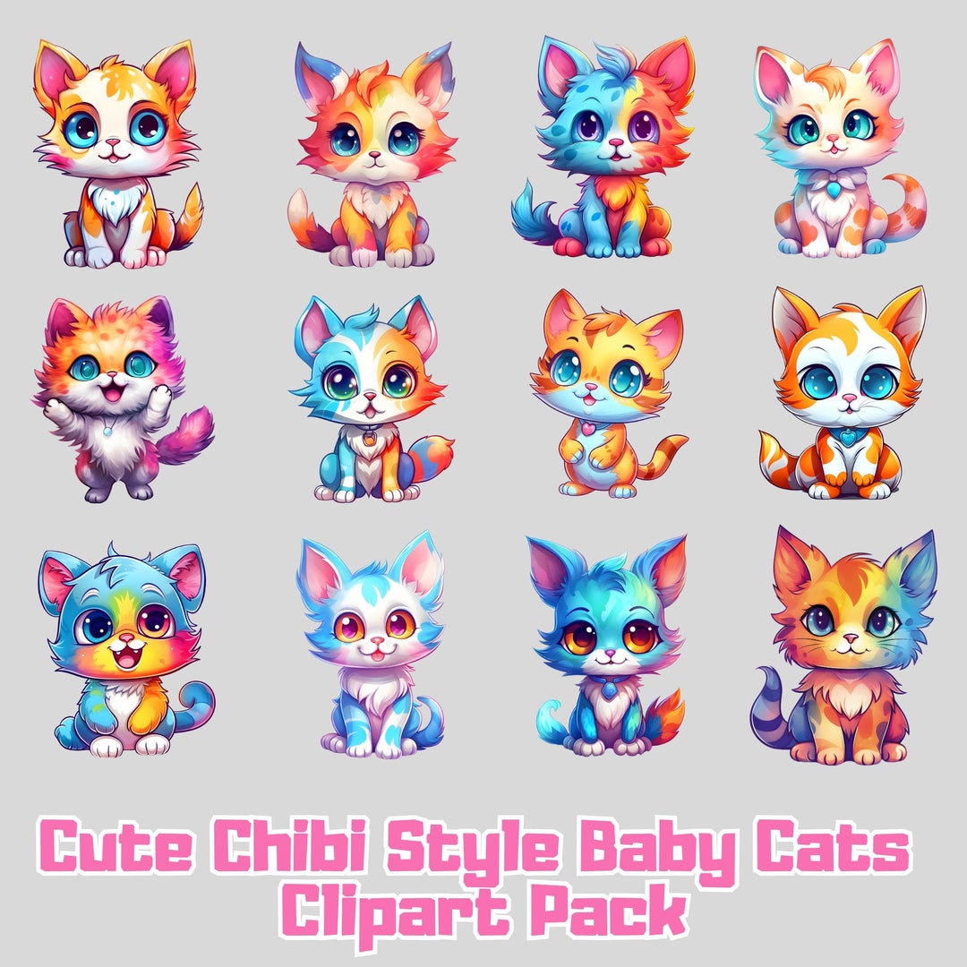 Playful, Colorful and Cute Chibi Style Cats Clipart Set, 12 Different ...