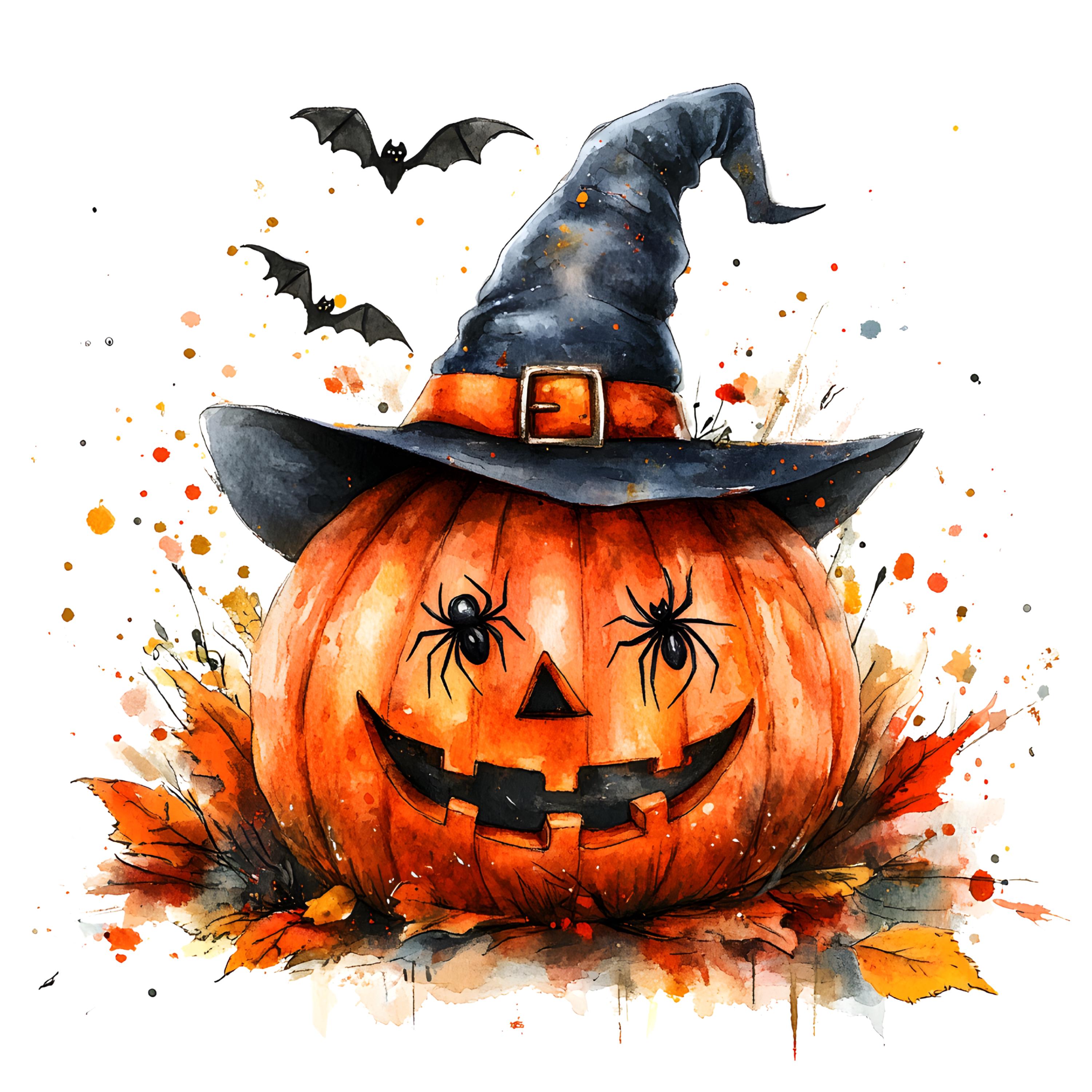 Watercolor Halloween Pumpkin Clipart Set: Witch Hat, Bats, Autumn ...