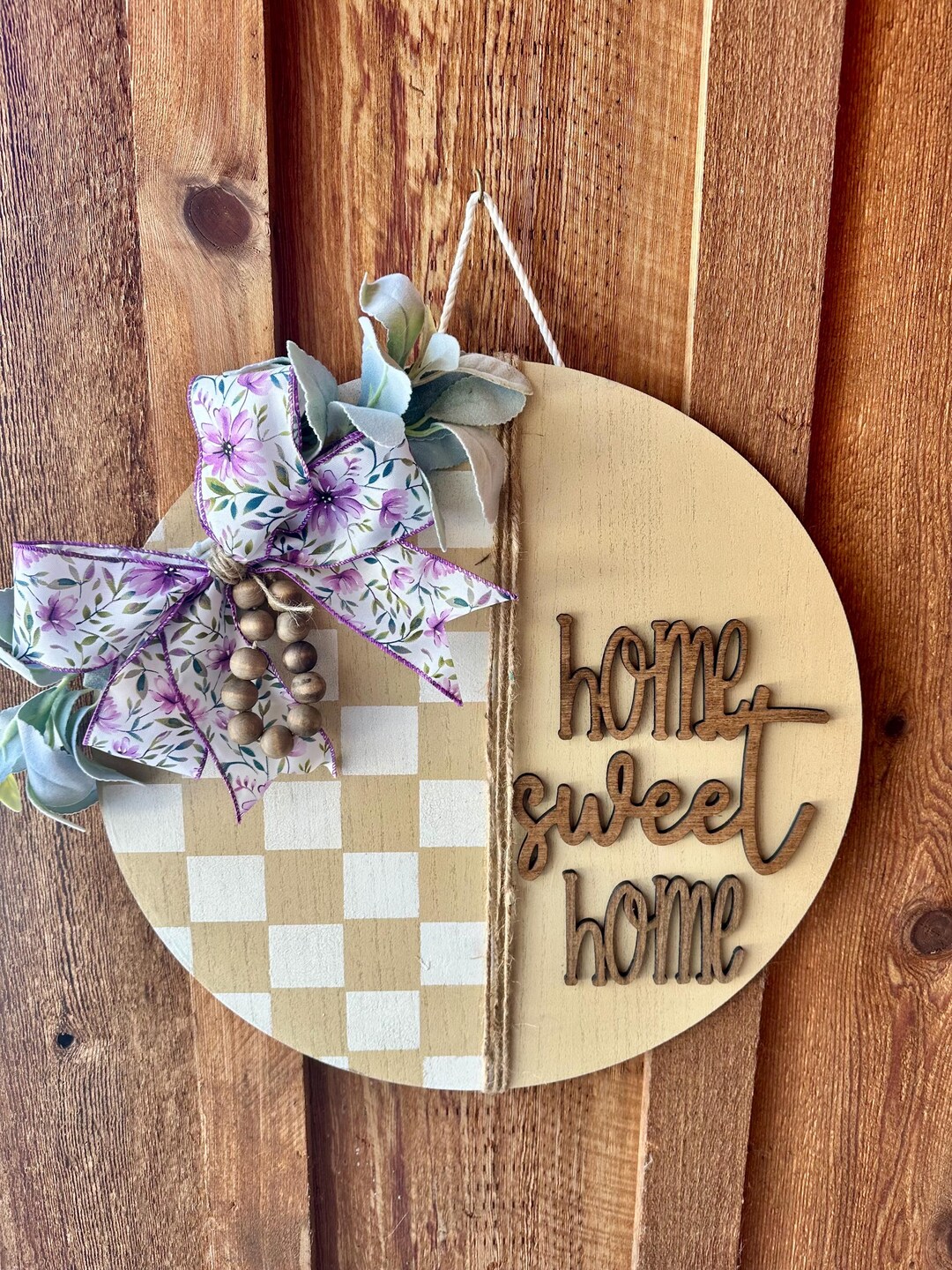 Checkered Home Sweet Home Round Door Hanger | Spring Welcome Sign ...
