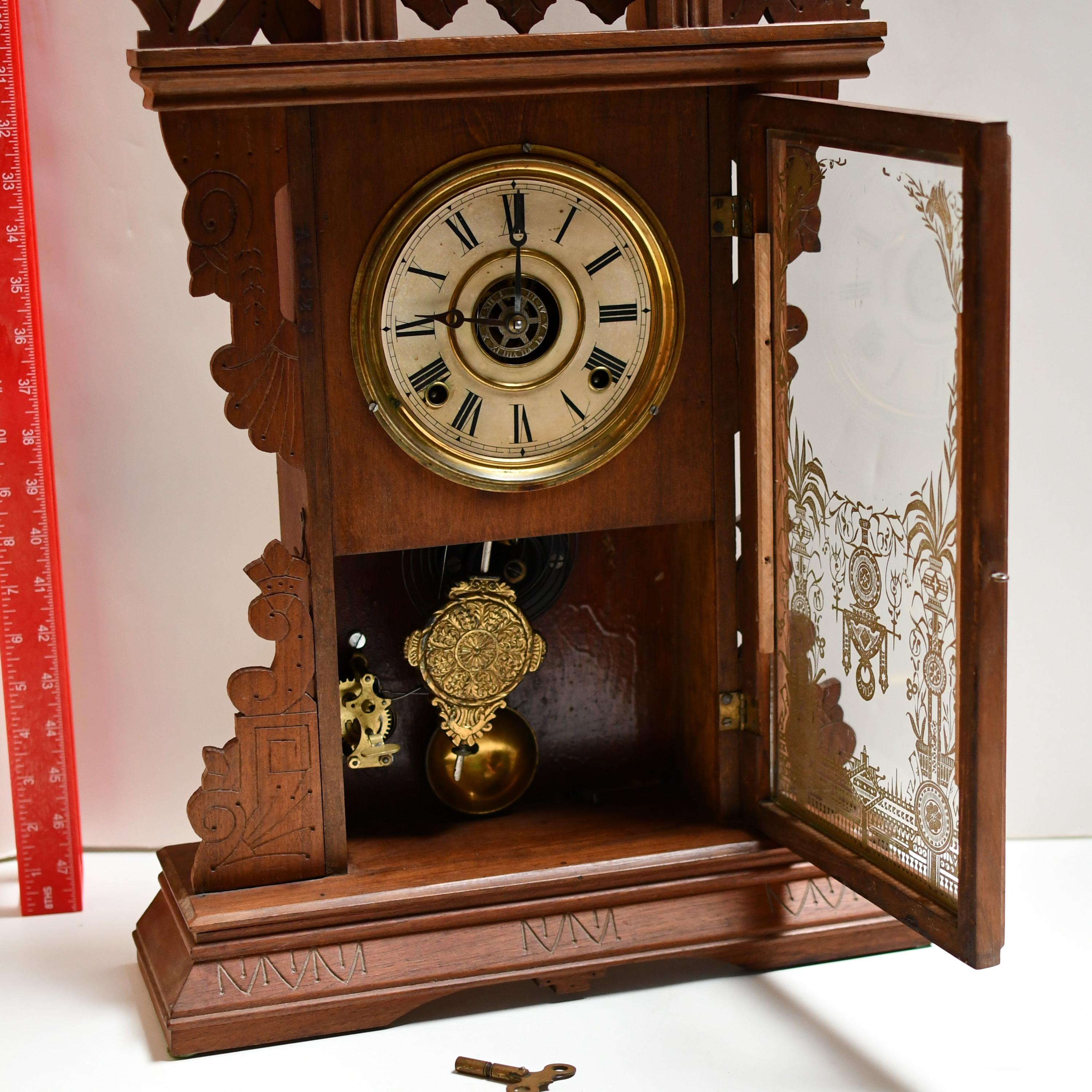 Antique Seth Thomas Eclipse Mantel Clock: Etched Glass, Original Key ...