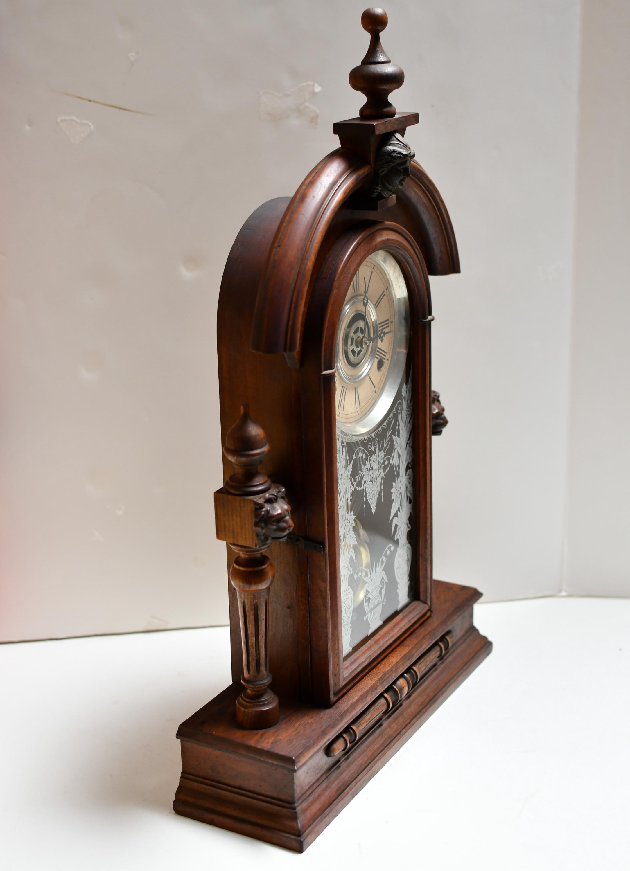Antique Gilbert Jupiter Clock: Lion Heads, Etched Glass, Working ...
