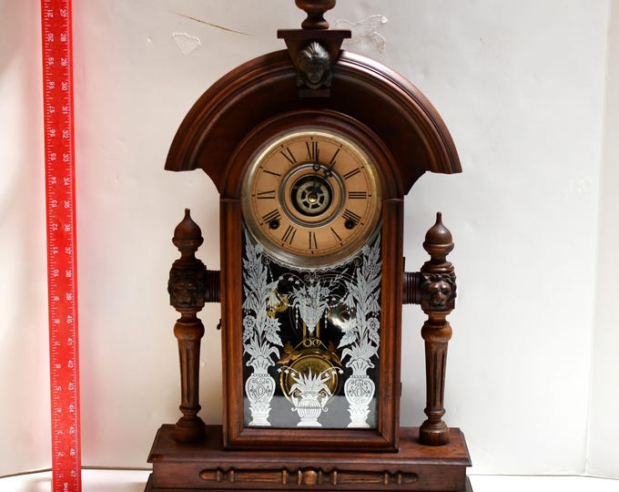 Antique Gilbert Jupiter Clock: Lion Heads, Etched Glass, Working ...