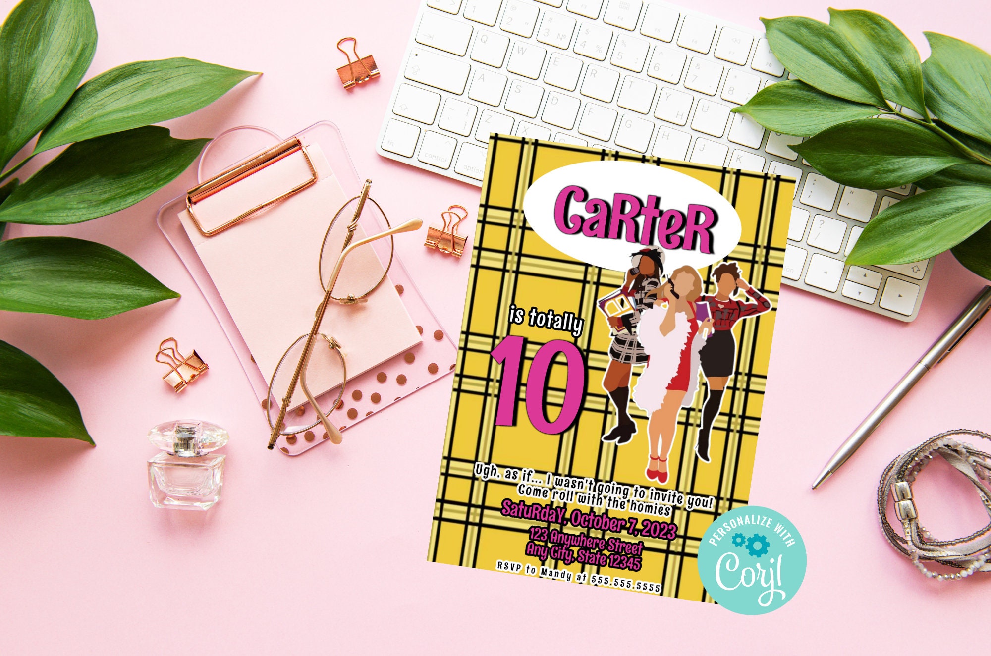 Clueless Birthday Party Invitation Editable Pink Yellow Plaid Invite ...