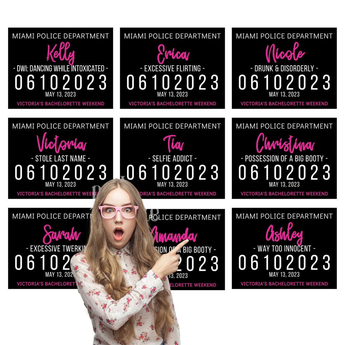 MUGSHOT Jail Signs Editable Printable Inmate Crime Card Photo Booth Prop for Bachelorette and ...