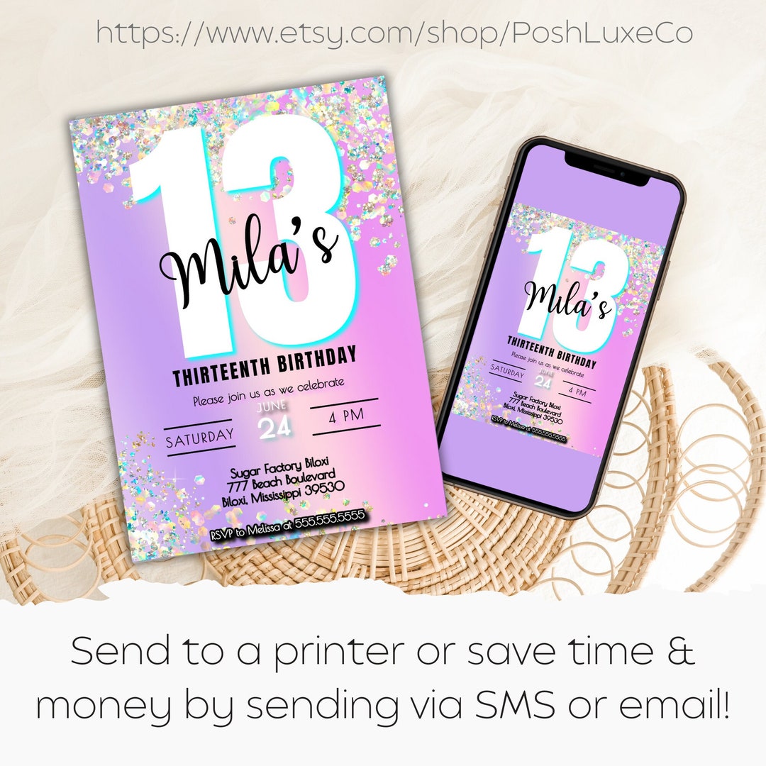 13th Birthday Invitation Editable Birthday Invite for 13 Year Old B-day ...