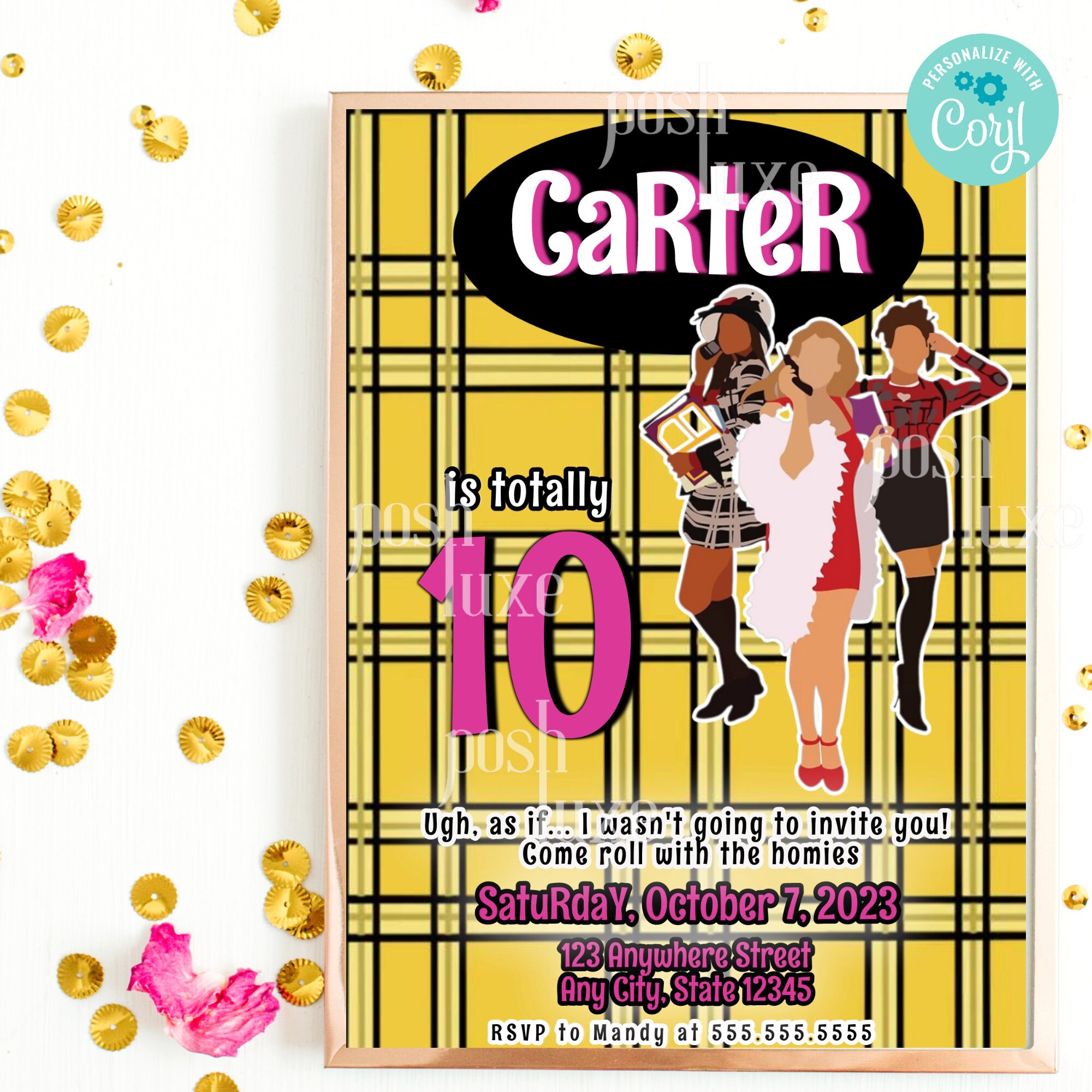 Clueless Birthday Party Invitation Editable Pink Yellow Plaid Invite ...