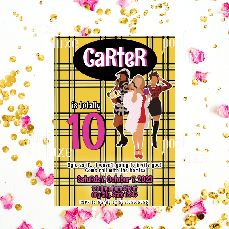 Clueless Birthday Party Invitation Editable Pink Yellow Plaid Invite ...