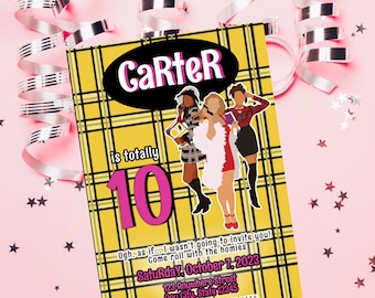 Clueless Birthday Party Invitation Editable Pink Yellow Plaid Invite ...