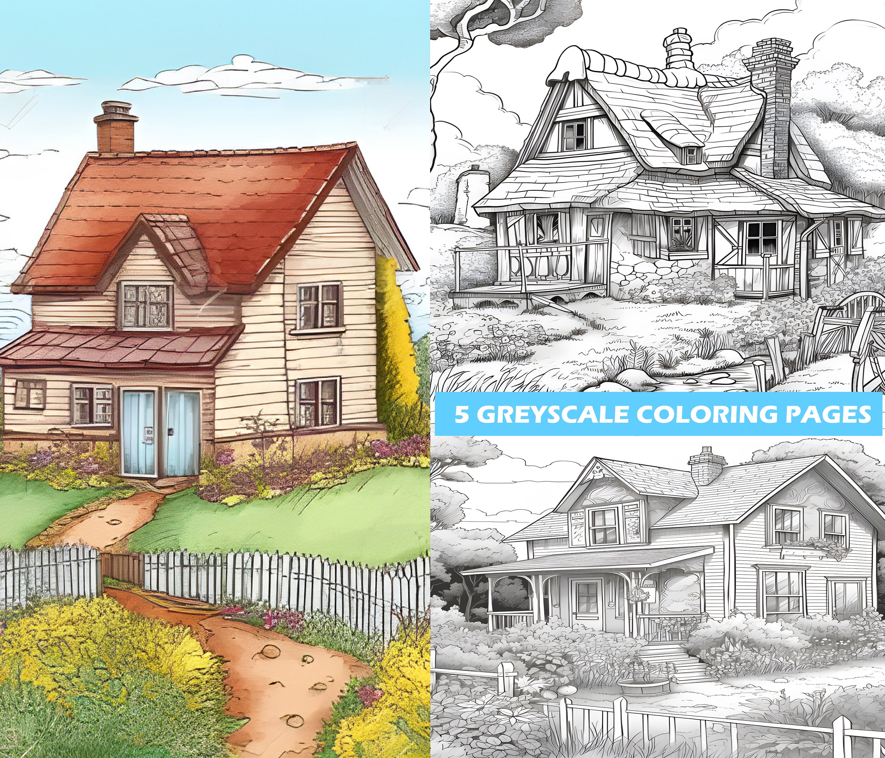Greyscale Coloring Book. 5 Cozy Farmside Cottage Coloring Pages. Adult ...