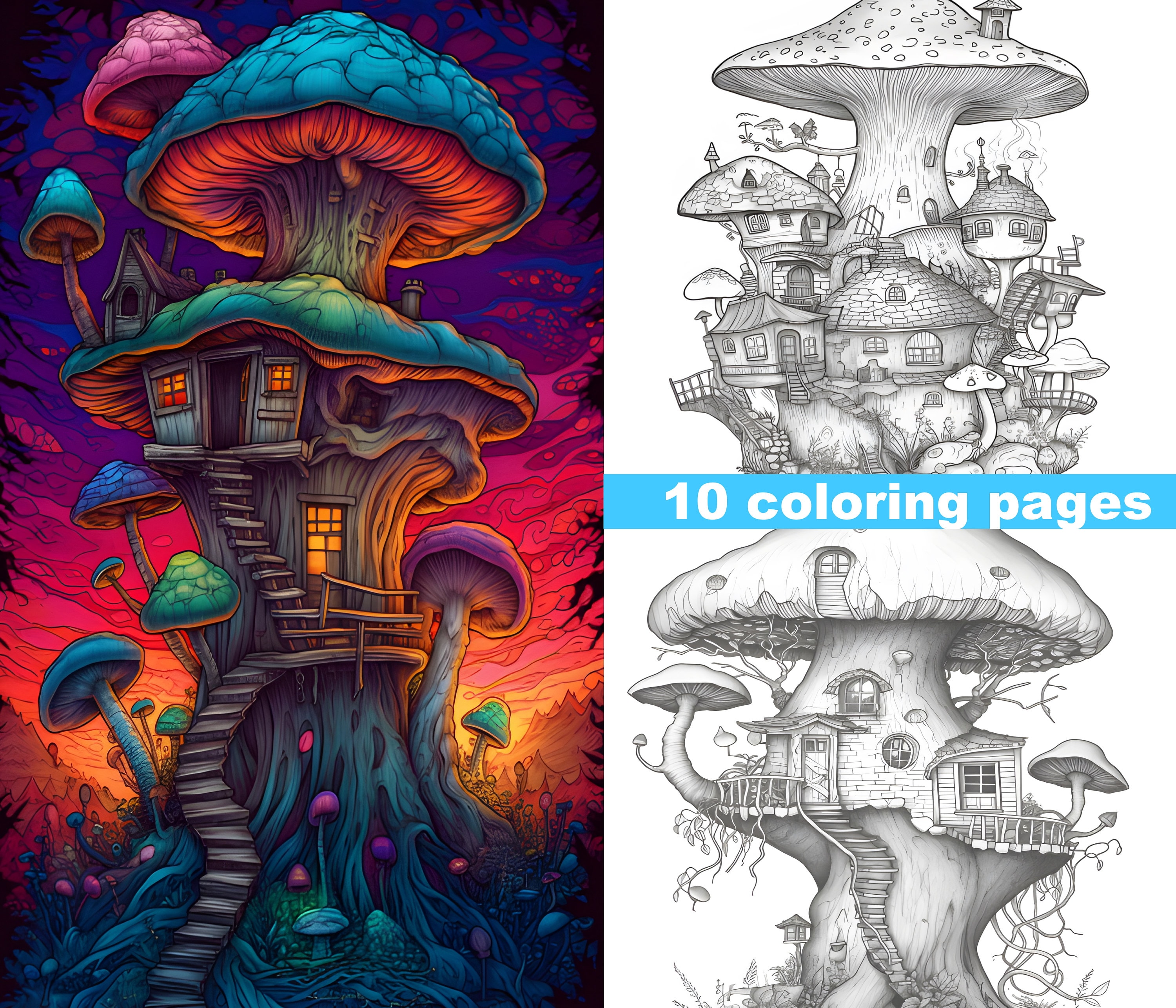 Adult Greyscale Coloring Book, 10 Fantasy Mushroom Treehouse Coloring ...
