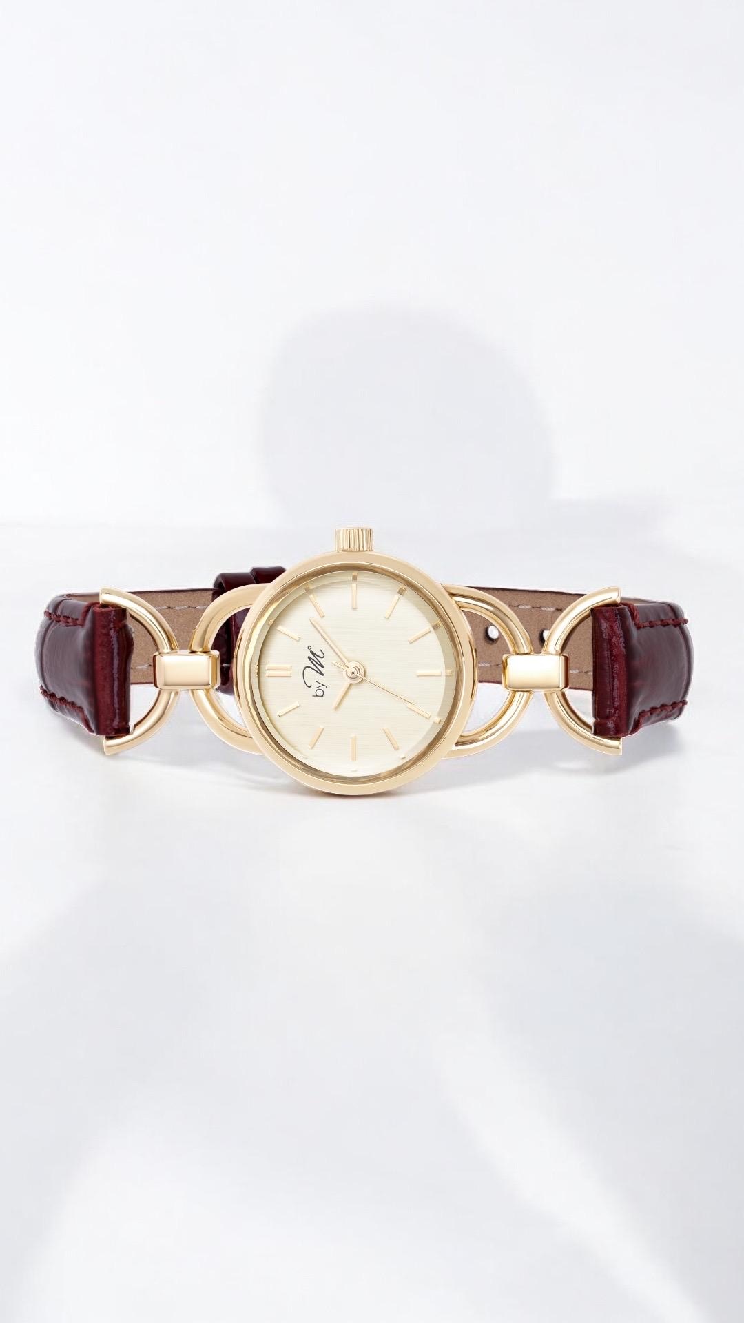 80s Vintage Design Women's Round Gold Watch - Burgundy Leather Strap ...