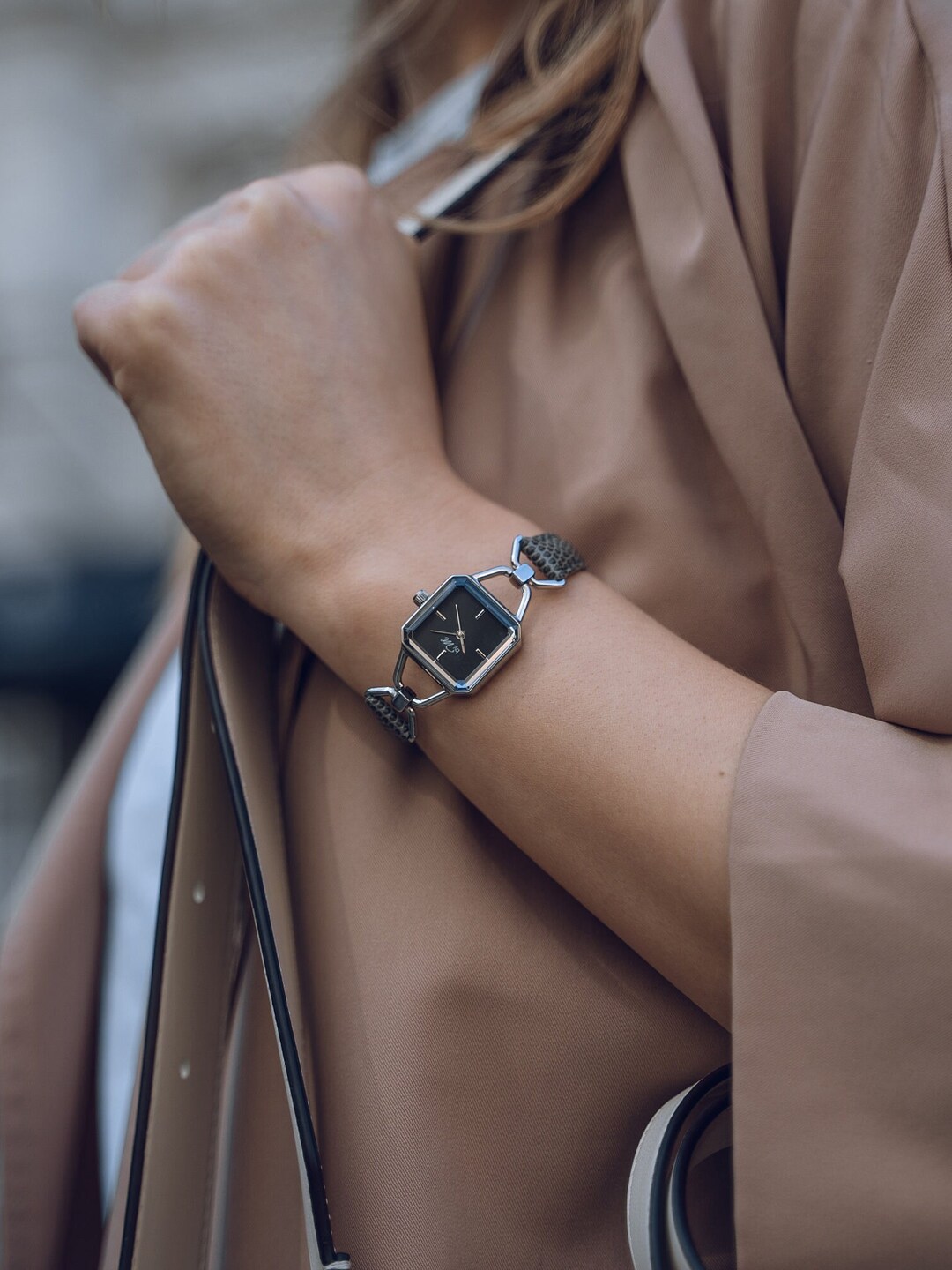 Women's Square Silver Watch - Gray Leather Strap, Vintage Style, Black ...