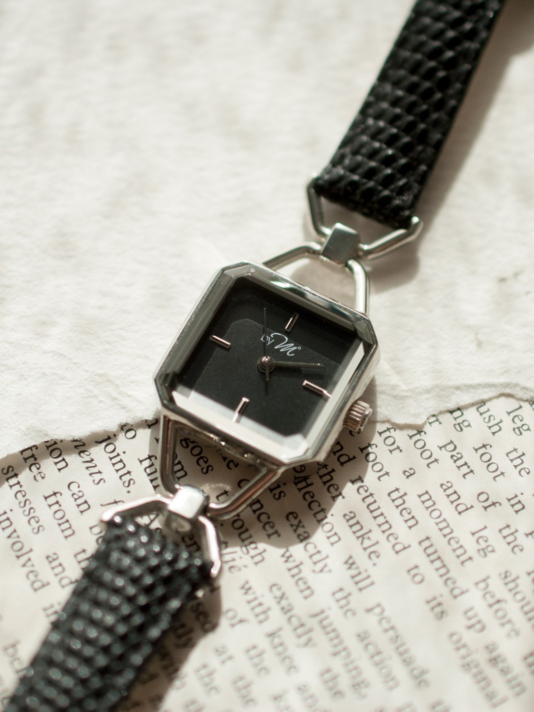 Women's Square Silver Watch – Black Leather Strap, Vintage-inspired ...
