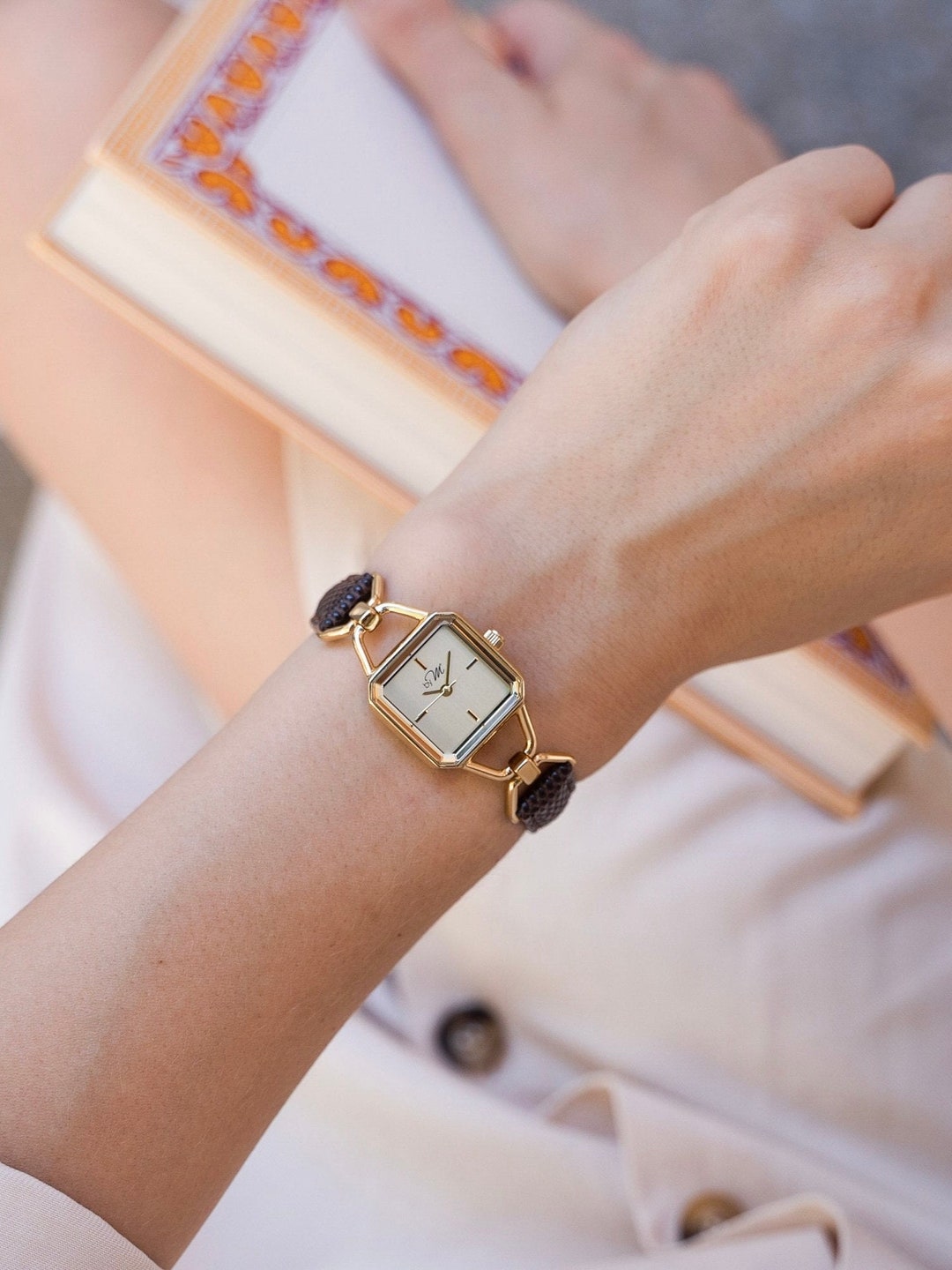 Vintage‑inspired Square Analog Watch – Gold Face, Black Leather Strap ...