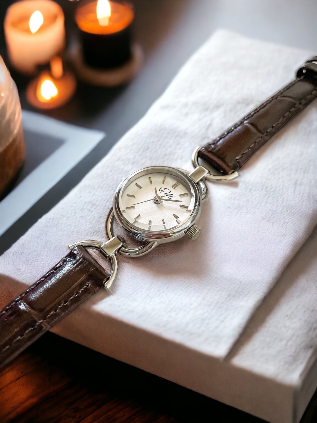 Vintage Design Round Face Women's Watch Brown Leather Strap, Silver ...