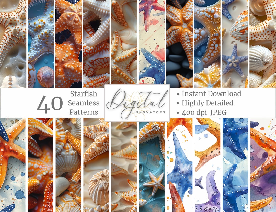 Starfish Watercolor and Realistic Seamless Patterns, Instant Download ...