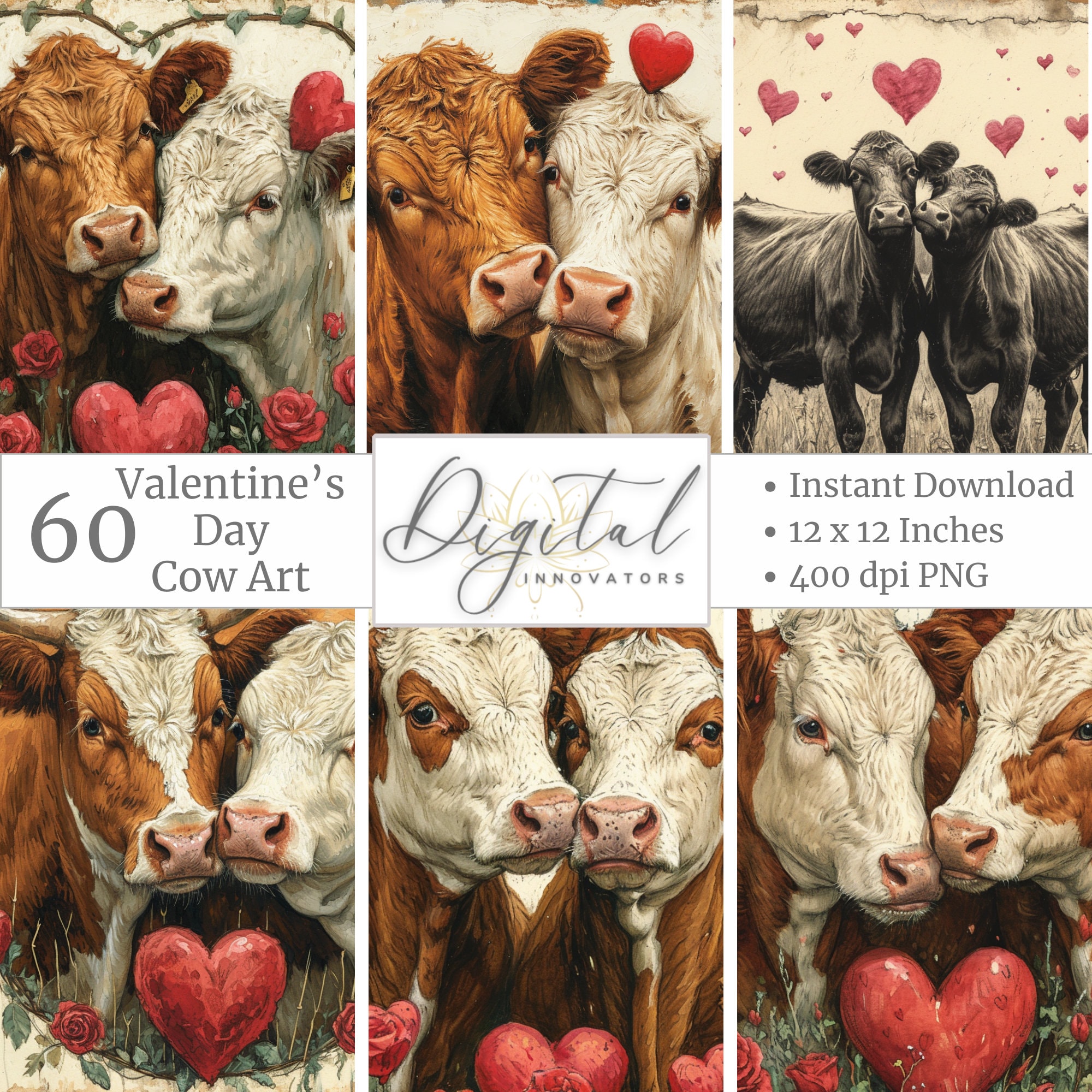 Digital Download Valentine's Day Cow Art Digital Cow Wall Art Cute ...