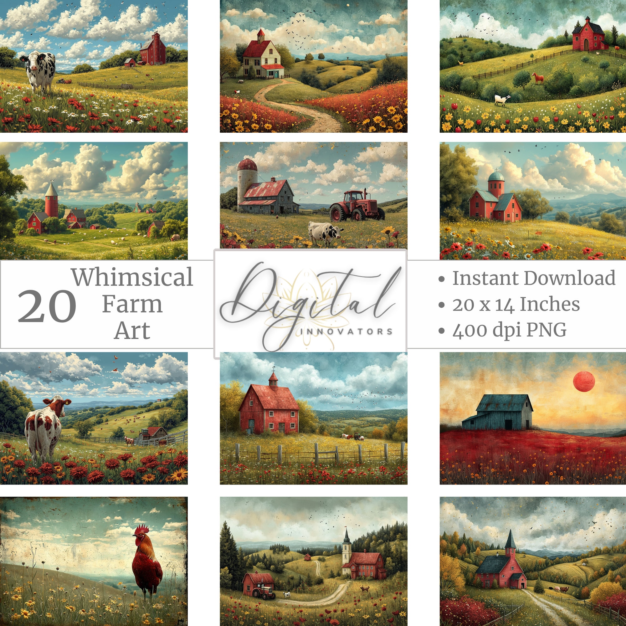Digital Instant Download Whimsical Farm Scenes Whimsical Barns Animals ...