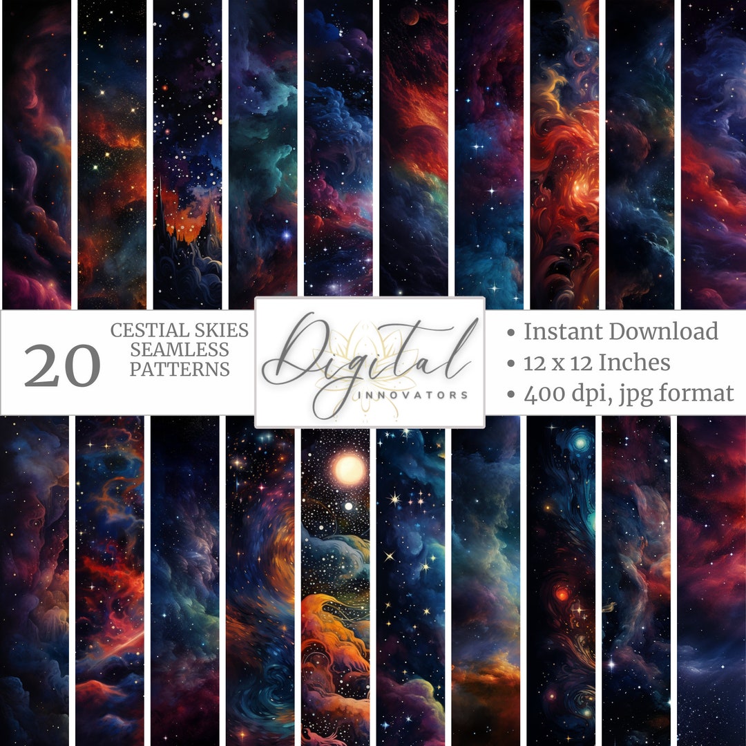 Celestial Skies Space Seamless Pattern Night Stars Moon Digital Paper ...
