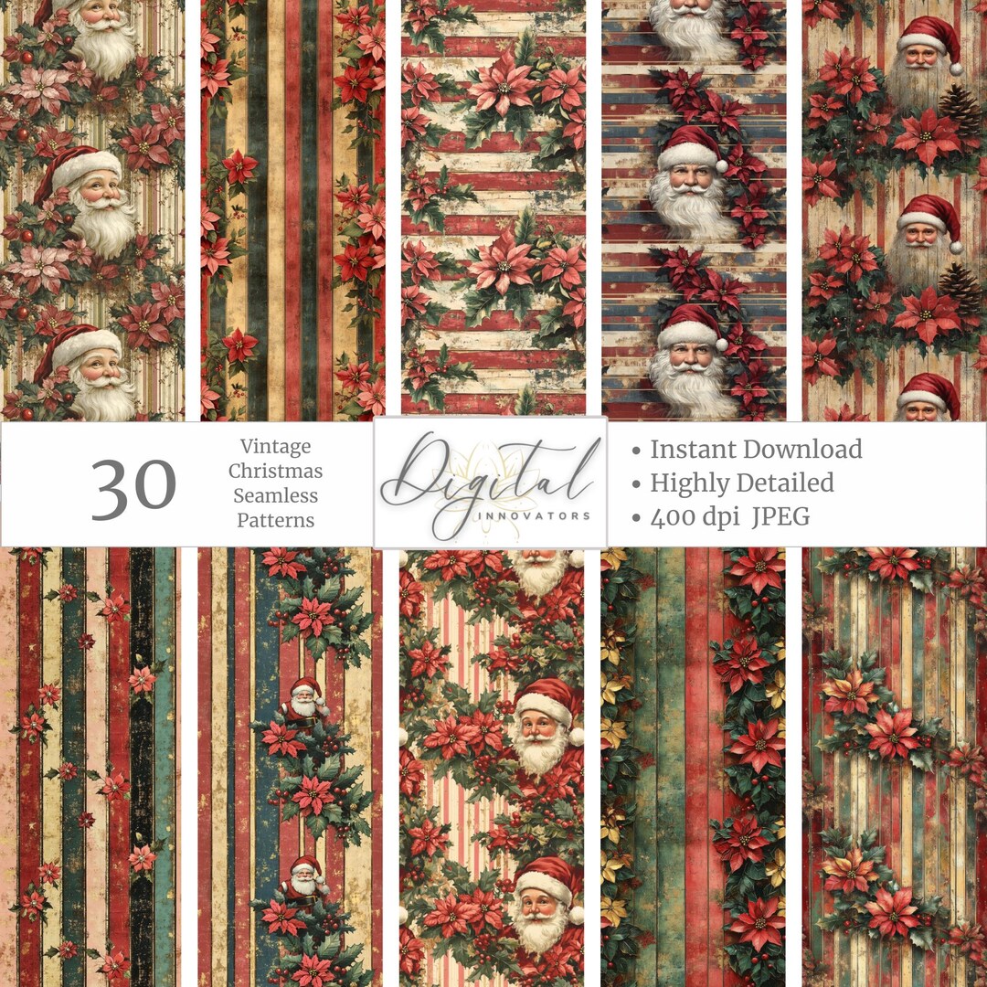 Seamless Vintage Christmas Digital Paper Pack, Vintage Santa Seamless ...