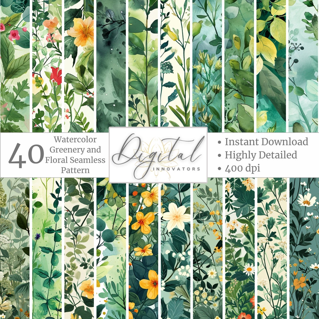 Watercolor Digital Greenery Flowers Seamless Patterns Download Digital ...