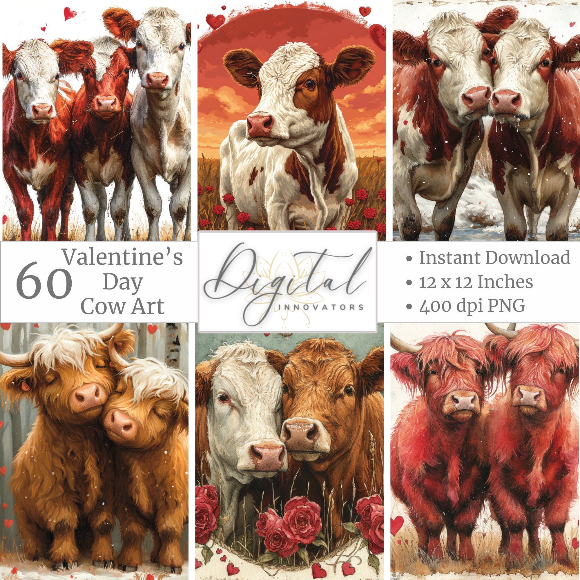 Digital Download Valentine's Day Cow Art Digital Cow Wall Art Cute ...