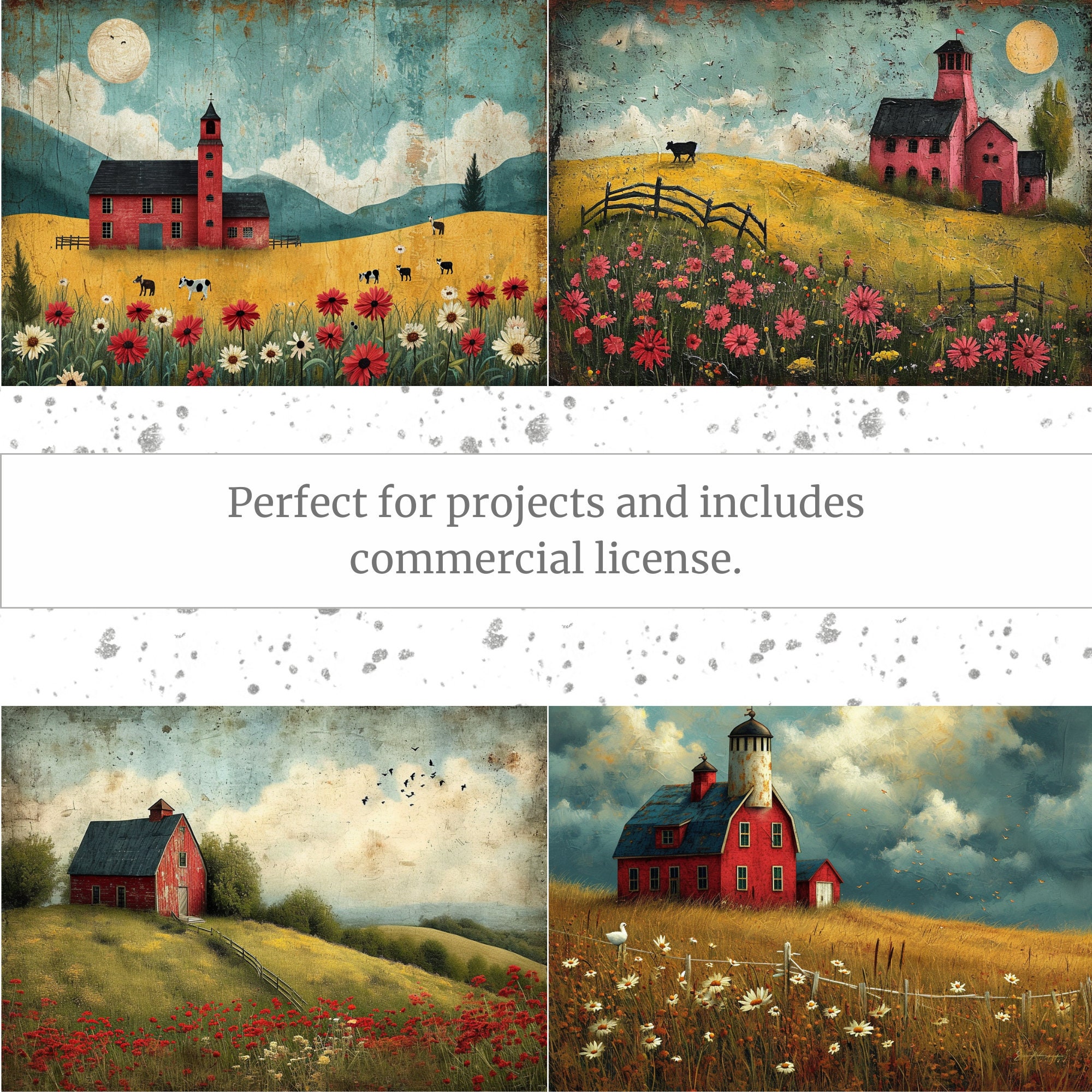 Digital Instant Download Whimsical Farm Scenes Whimsical Barns Animals ...