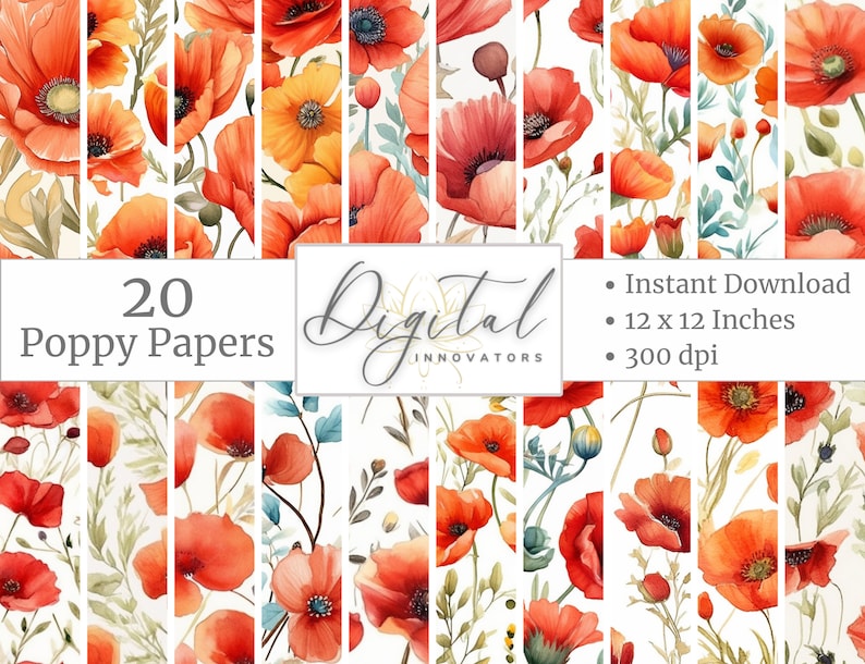 Watercolor Poppies Digital Printable Scrapbook 20 Seamless Patterns ...