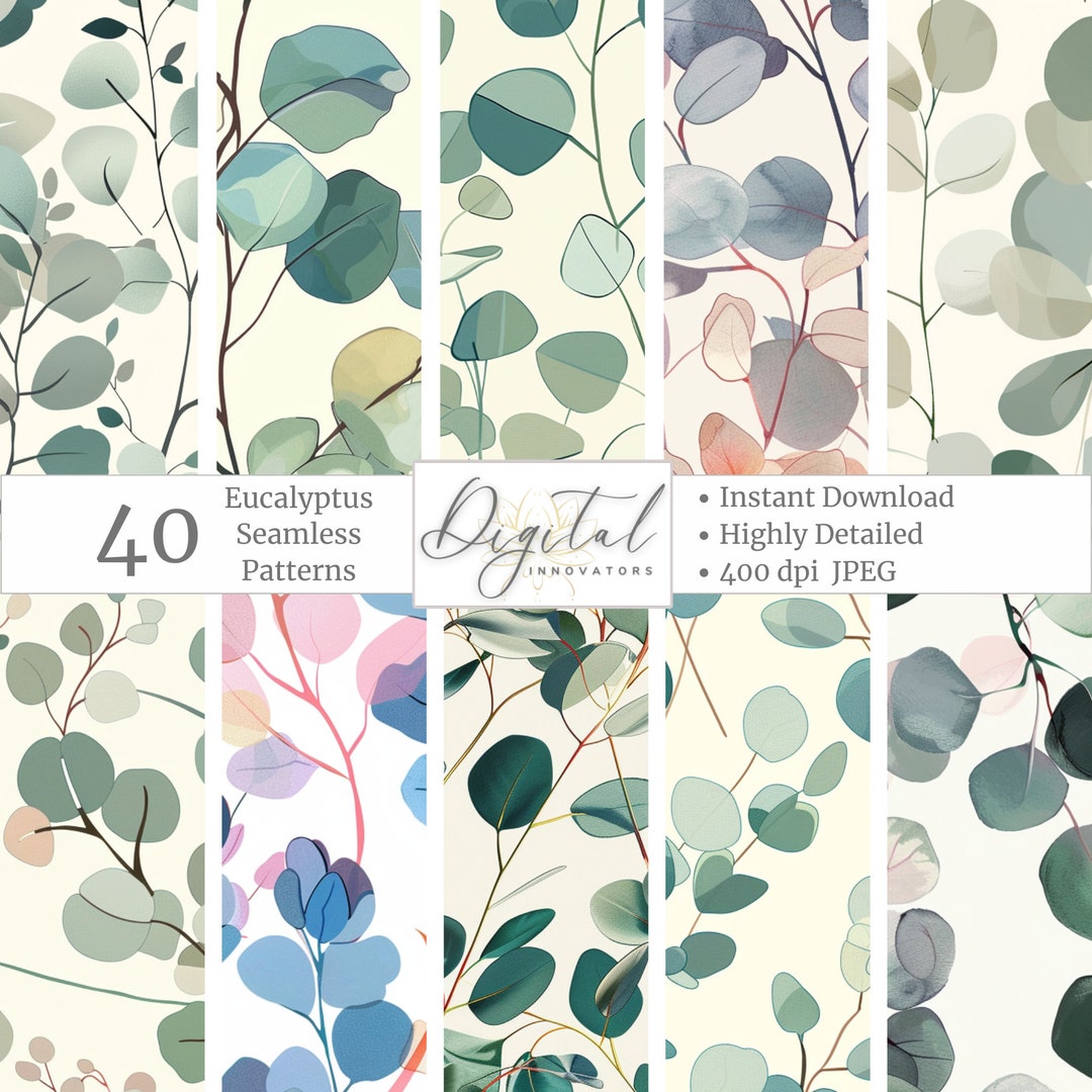 Eucalyptus Greenery Bundle Digital Watercolor Seamless Paper Eucalyptus ...