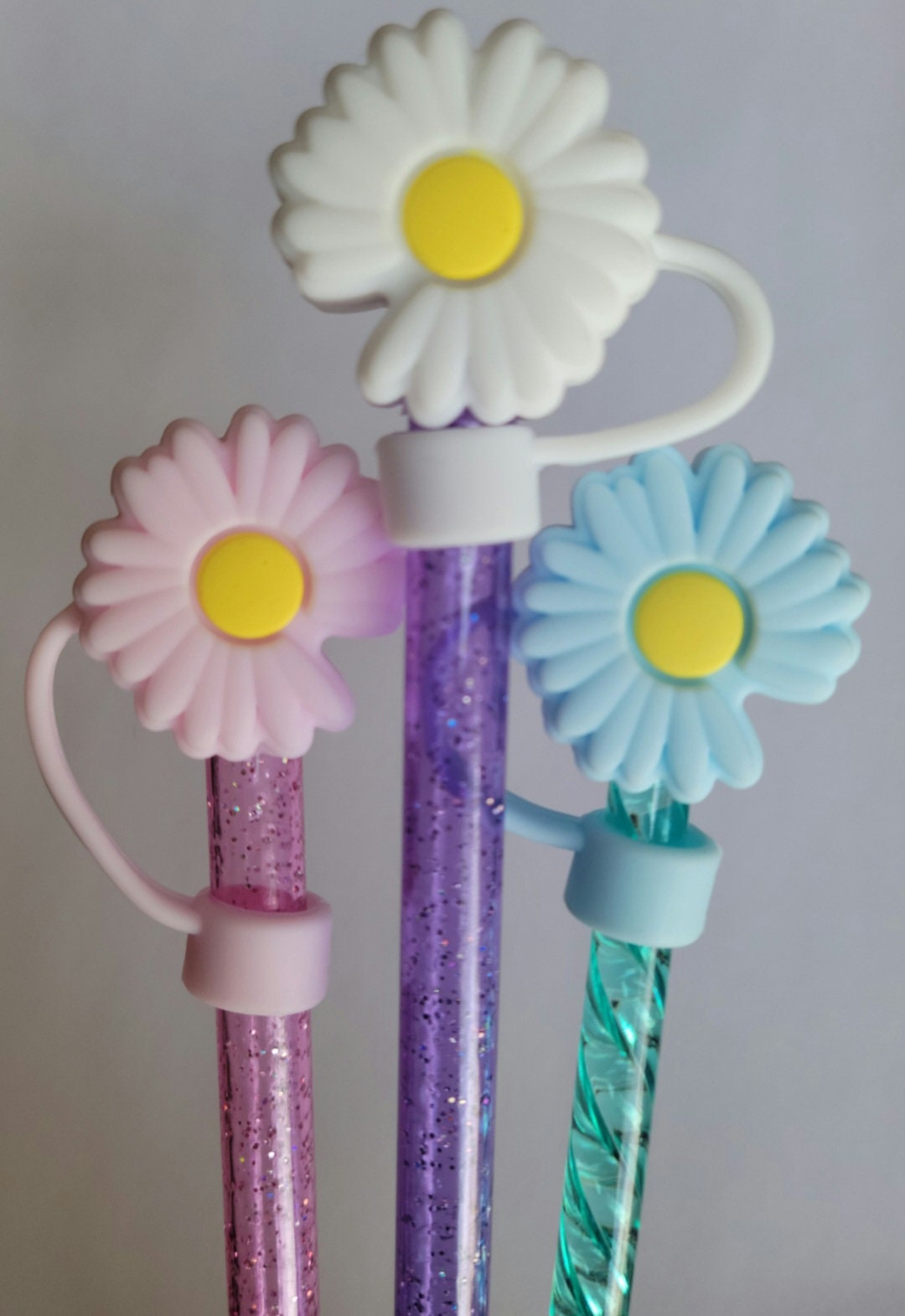 10mm FAT Straws Silicone 3D Gerber Daisy Flower Pink Baby Blue White ...