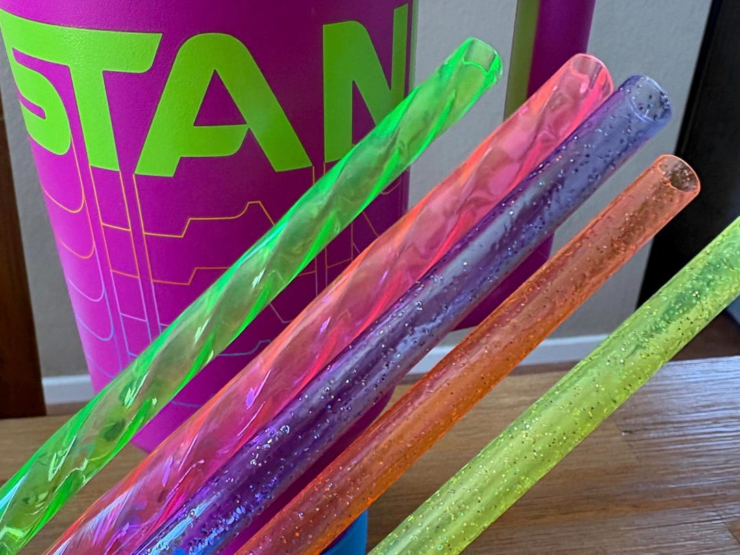 12” 10mm-fat-glass Look-swirly-shiny-plastic-straw-set-neon Fluorescent ...