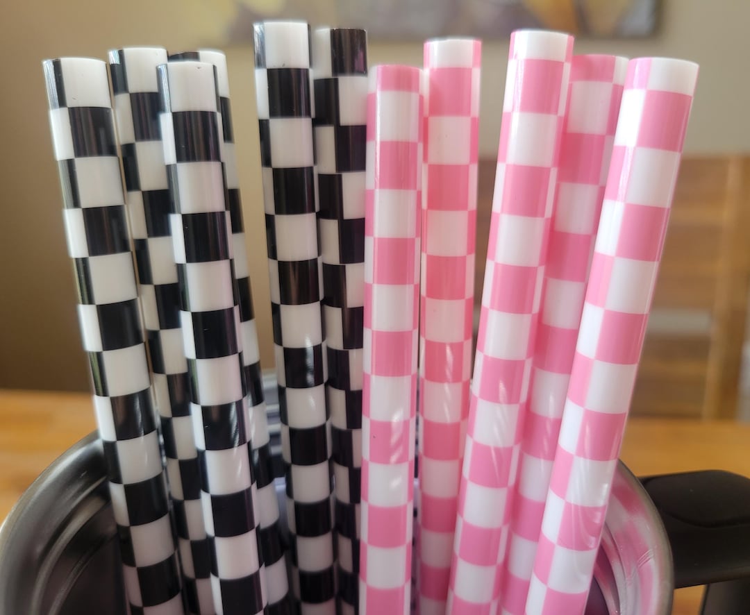 11" 10mm Fat Style Straws-black/pink/white Check/checkered Print Straws ...