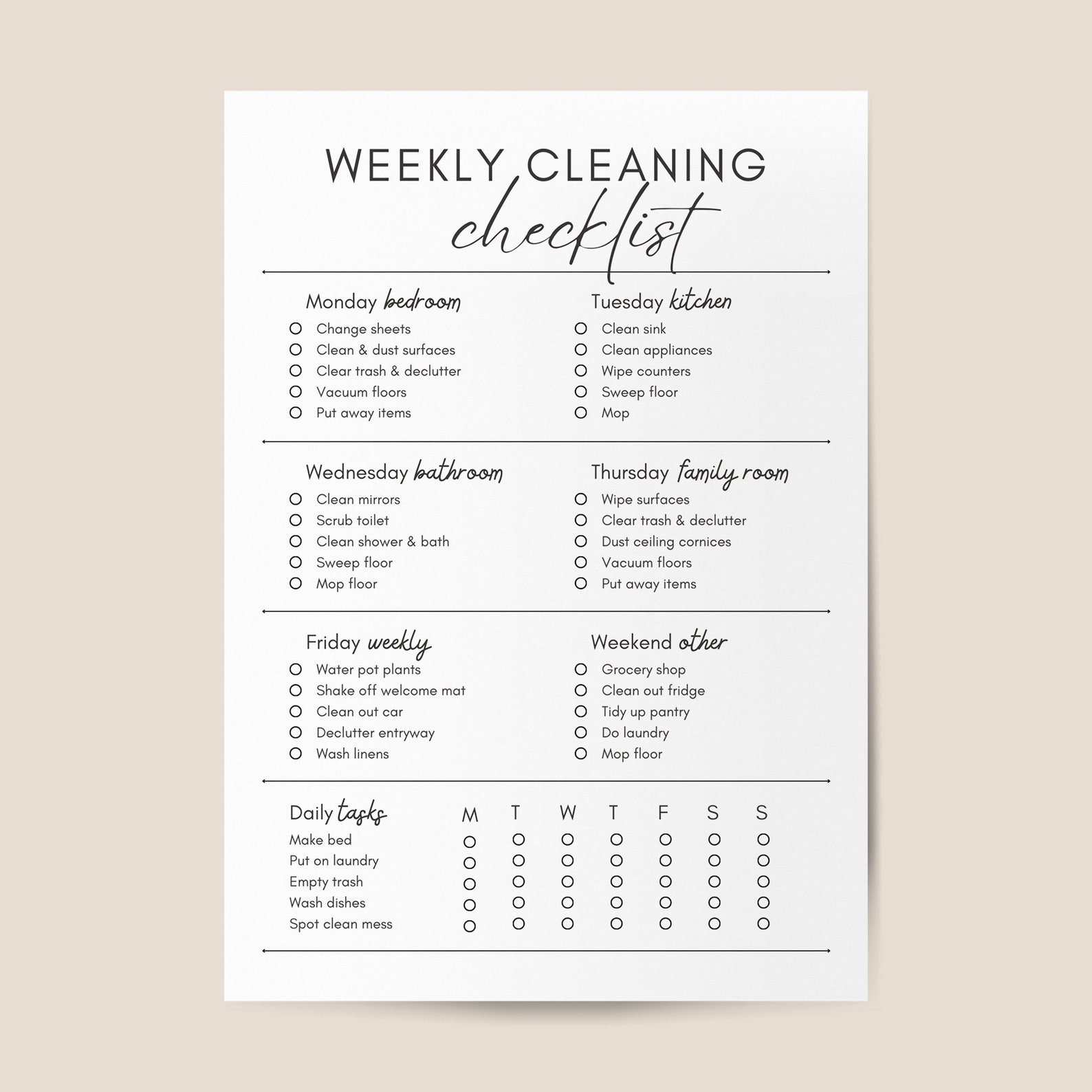 Weekly Cleaning Checklist Editable Printable Cleaning Plan - Etsy
