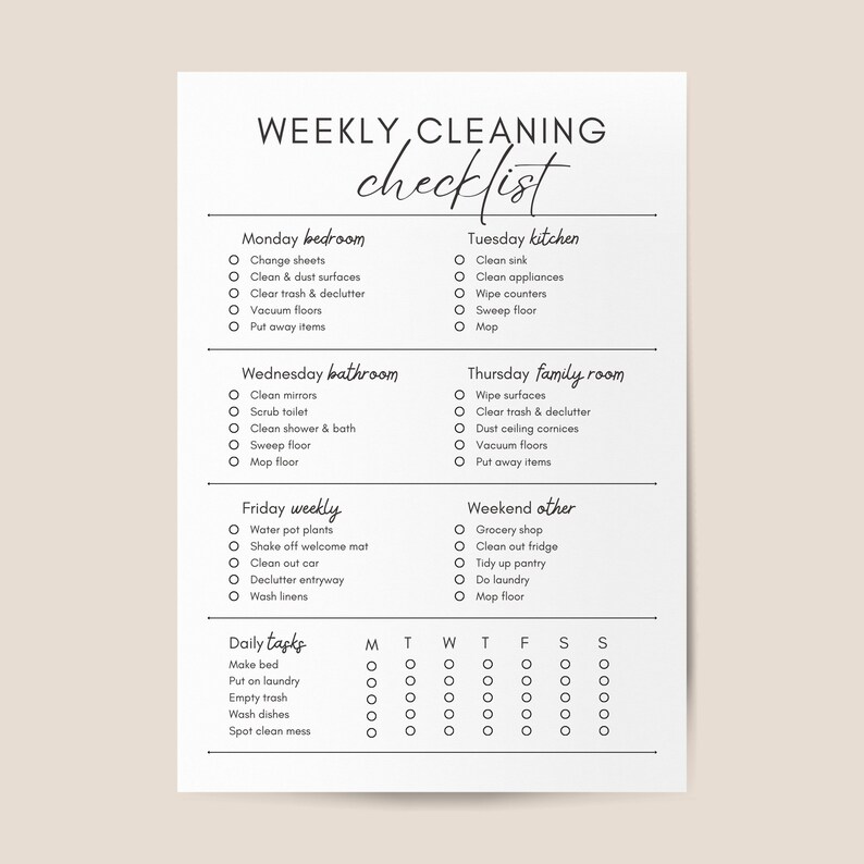 Weekly Cleaning Checklist Editable Printable Cleaning Plan - Etsy