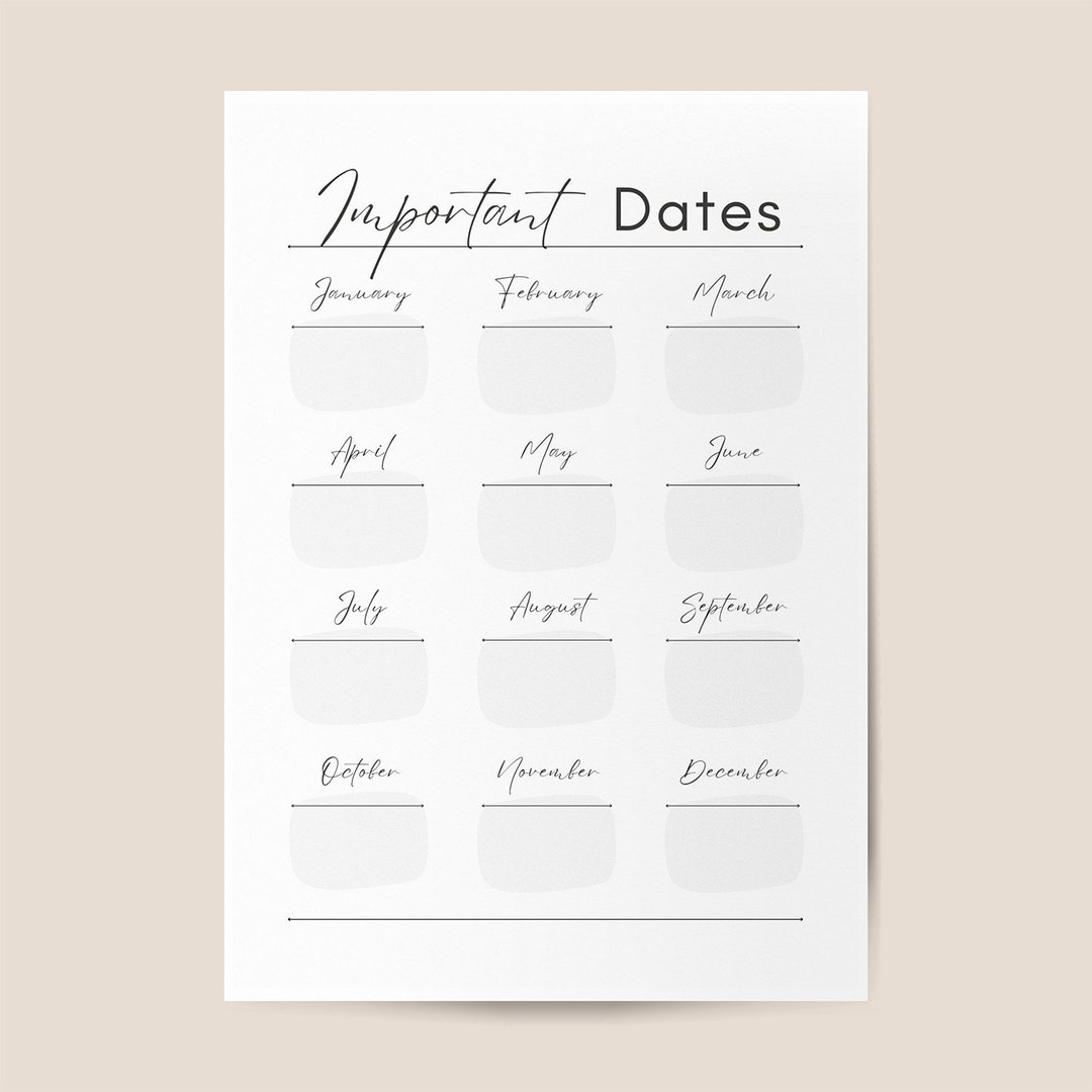 Yearly Important Dates Tracker, Printable Template, Track Birthdays ...