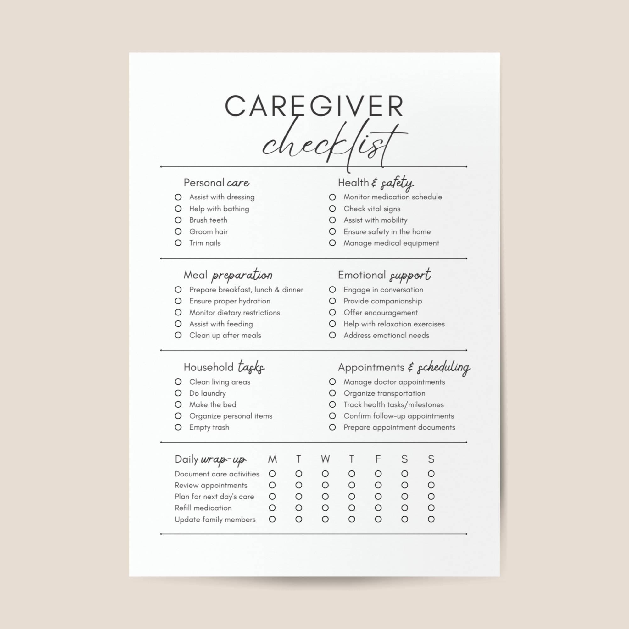 Caregiver Checklist Printable: Weekly Care Plan, Editable Template ...