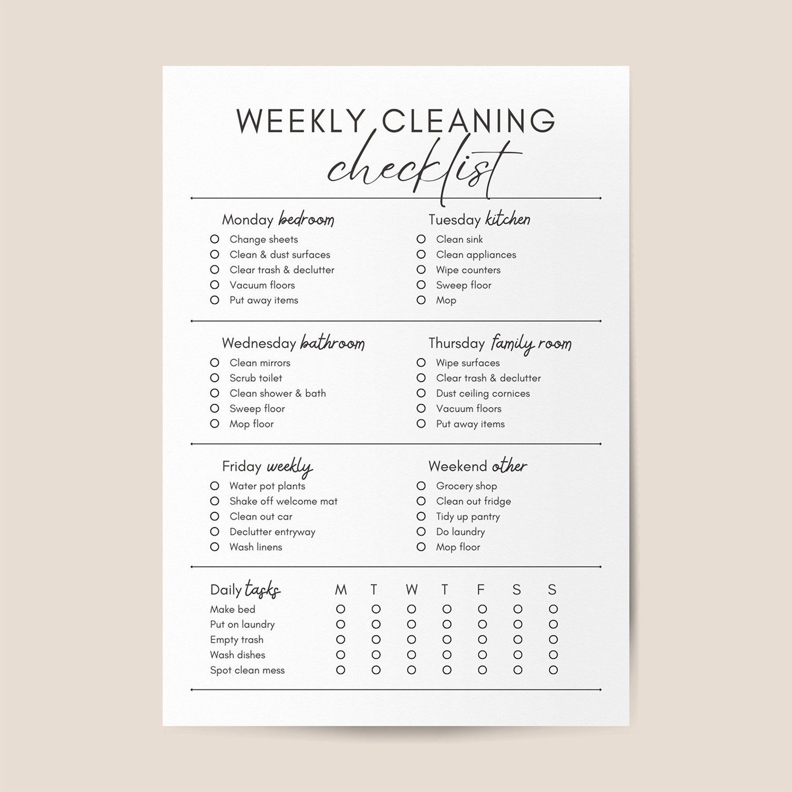 Weekly Cleaning Checklist Editable, Printable Cleaning Plan, Cleaning ...