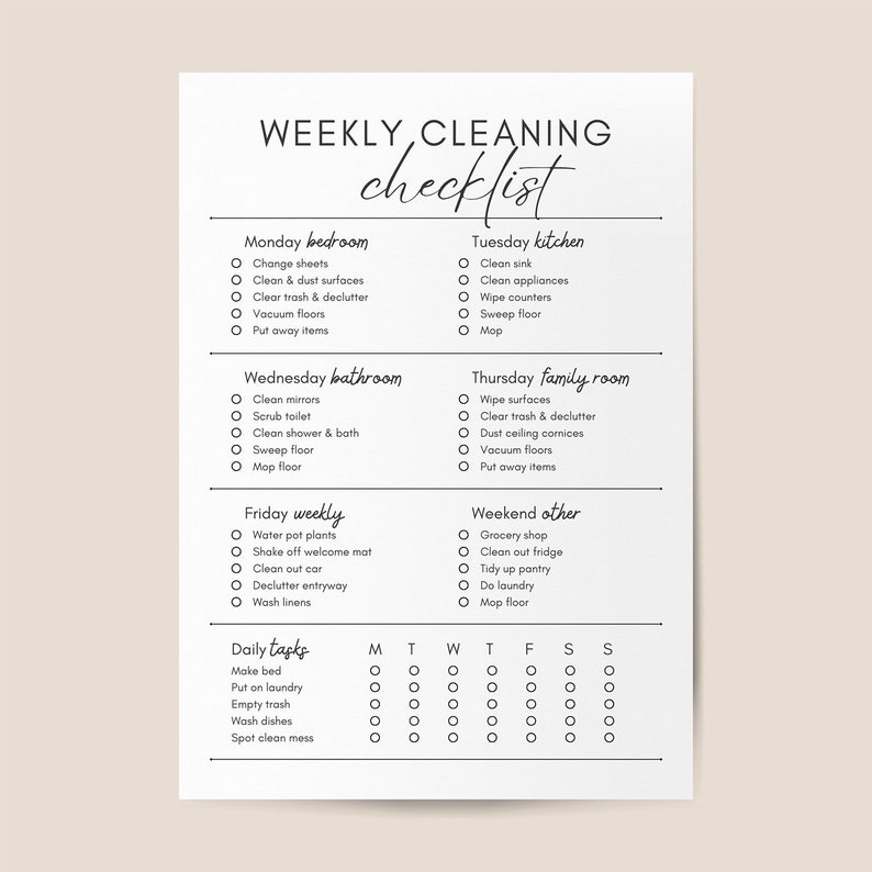 Weekly Cleaning Checklist Editable, Printable Cleaning Plan, Cleaning ...