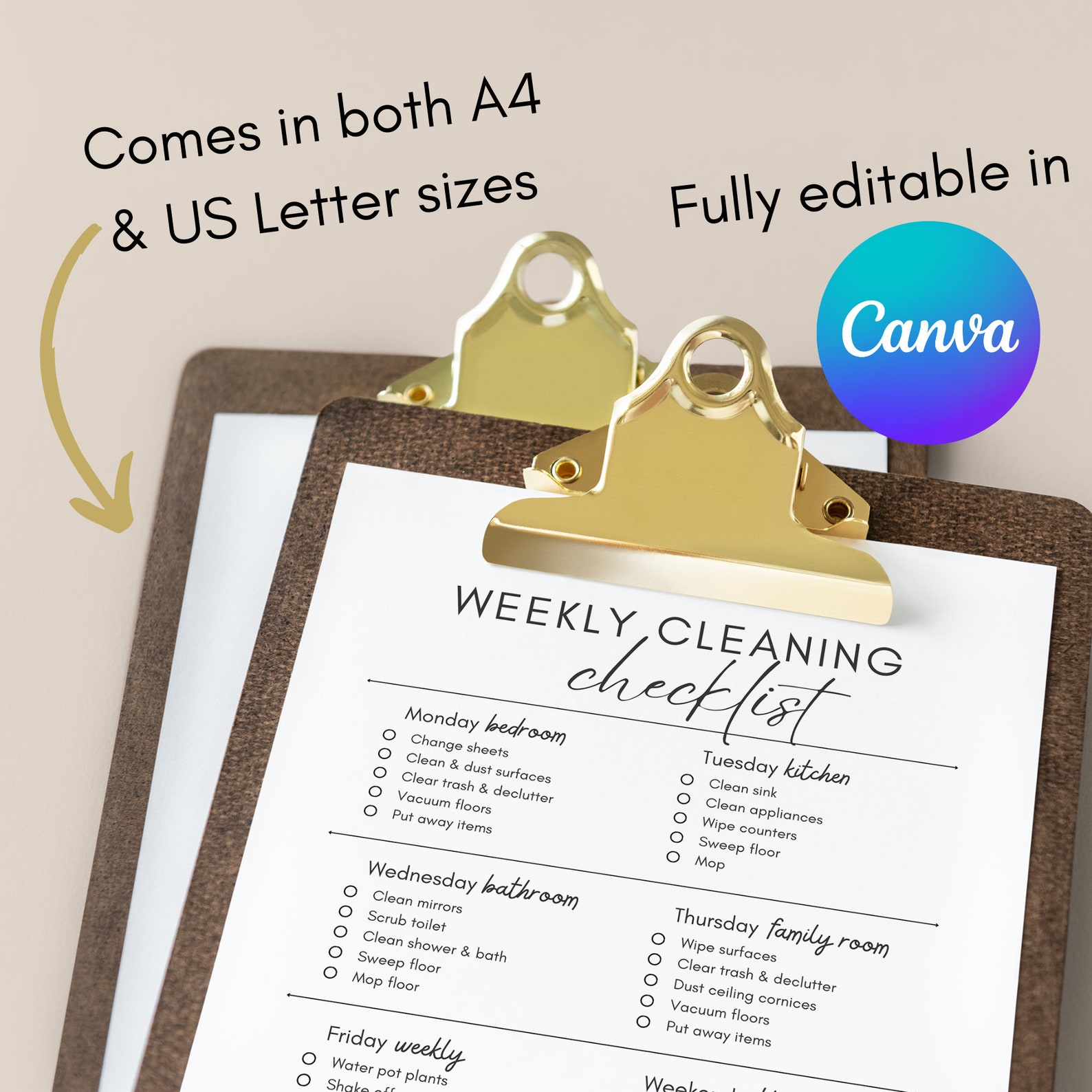 Weekly Cleaning Checklist Editable, Printable Cleaning Plan, Cleaning ...