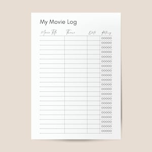 Movie Log Printable, Editable Film Tracker, Customizable Movie Journal ...