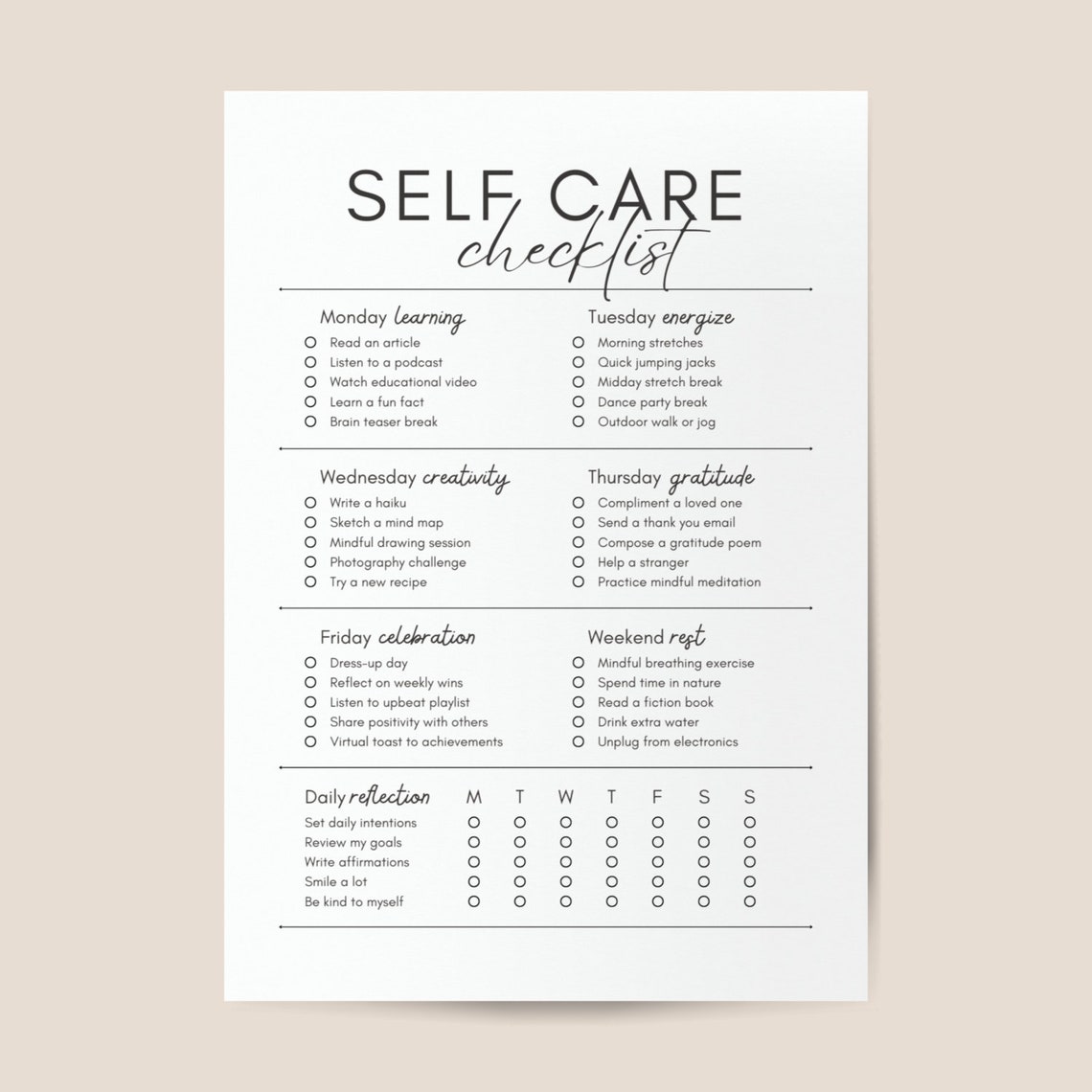 Weekly Self-care Checklist Editable, Holistic Well-being Planner, Daily ...