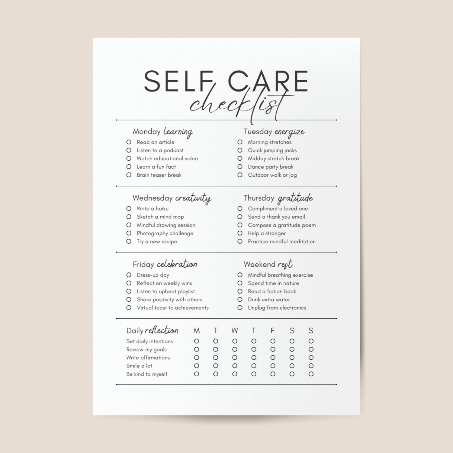 Weekly Self-care Checklist Editable, Holistic Well-being Planner, Daily ...