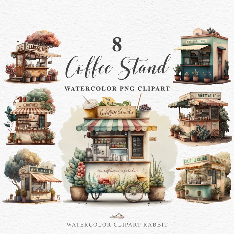 Watercolor Coffee Shop Clipart Coffee Stand Food Truck - Etsy
